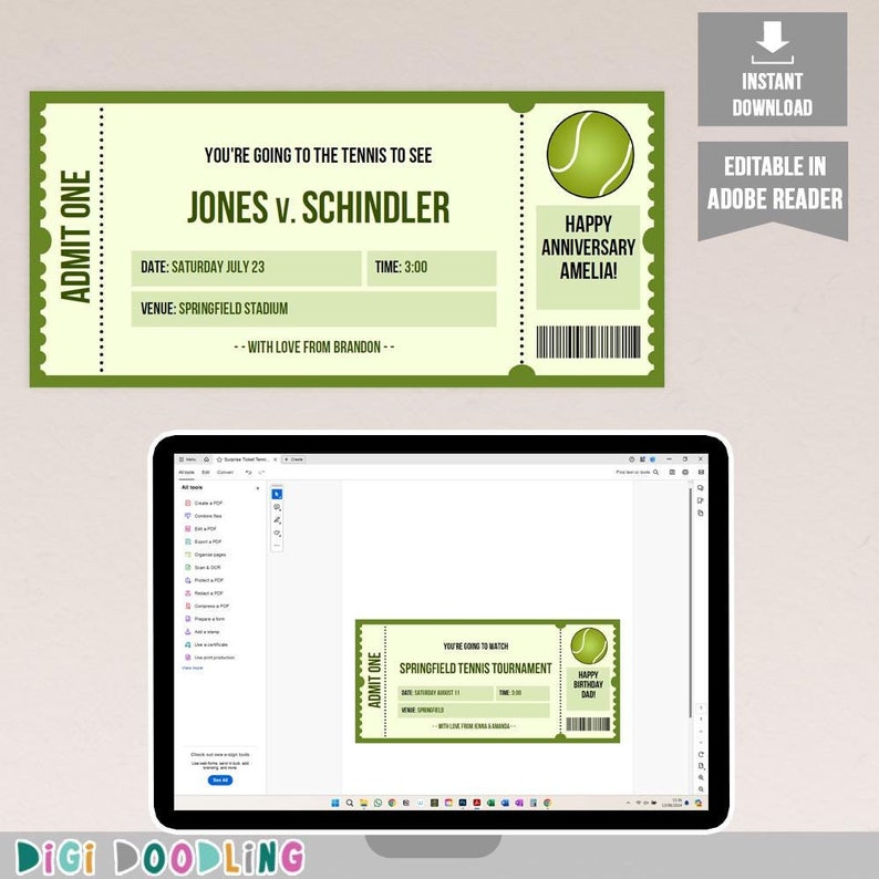 Surprise Tennis Ticket Template (printable PDF) - Etsy