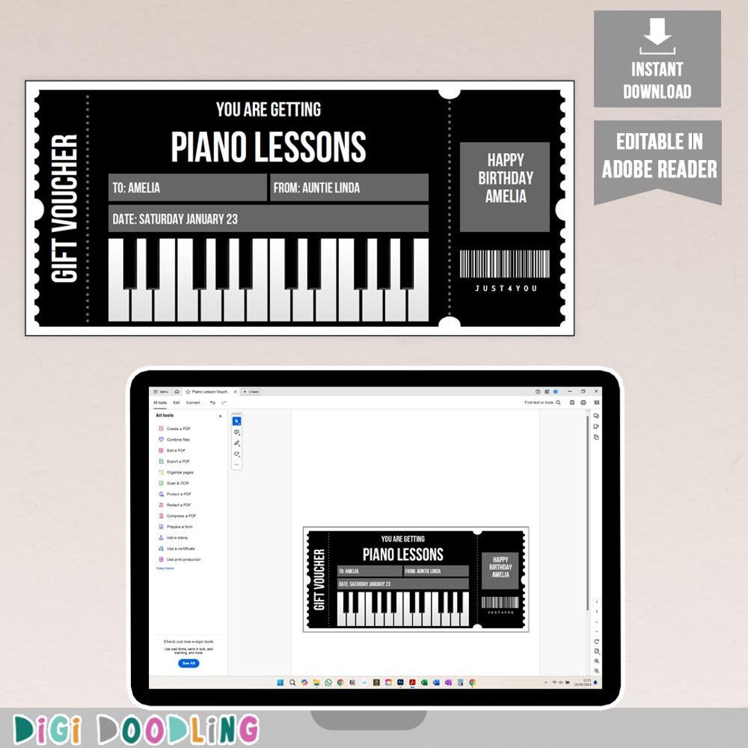 Printable Piano Lessons Gift Voucher: Editable Ticket Template (digital ...