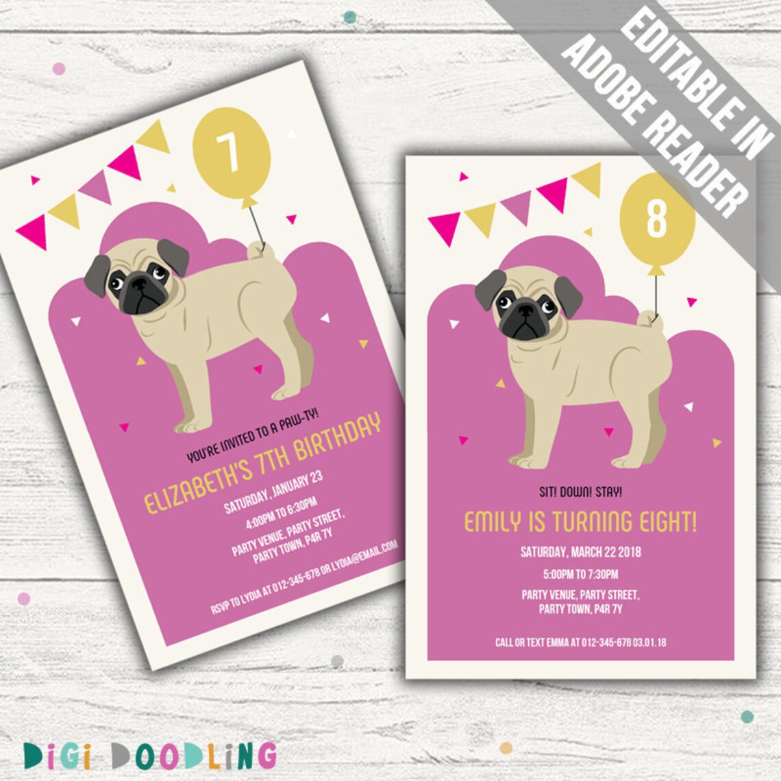 Pug Party Invitation pug Birthday Party Invitations. Pink. - Etsy