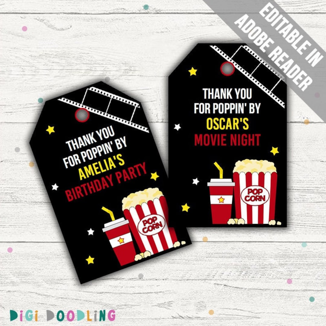 Movie Night Favor Tags Template. Movie Birthday Party Favor Tags. Movie ...