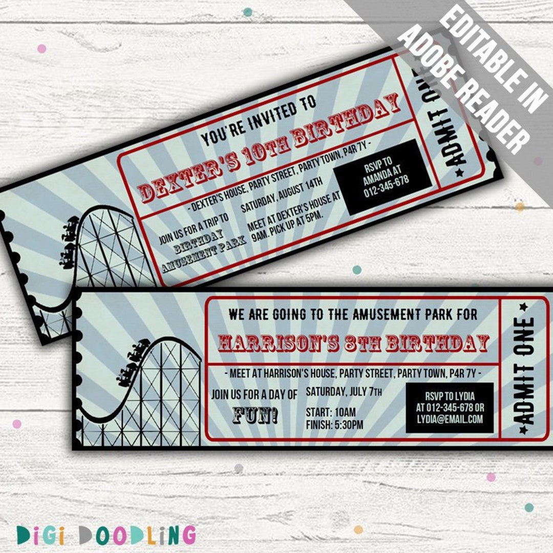Amusement Park Ticket Invitation (blue): Editable Birthday Party PDF ...