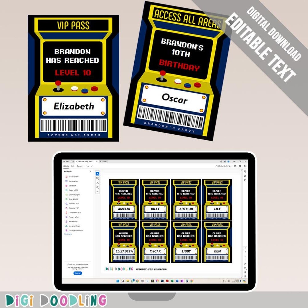 Printable Arcade Party Pass Template: Editable Gamer VIP Badge (digital ...