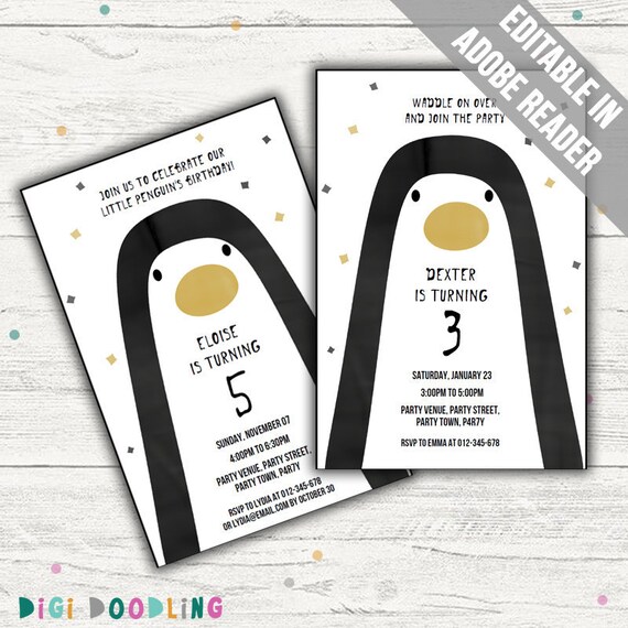 Penguin Birthday Invitation. Editable PDF. Printable. Instant | Etsy