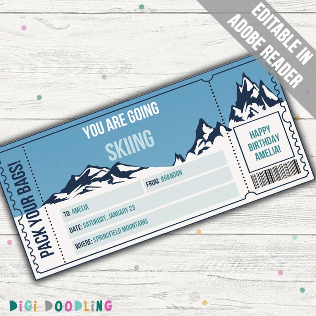 Ski Trip Ticket Template. Surprise Ski Trip Reveal. Skiing Trip Gift ...
