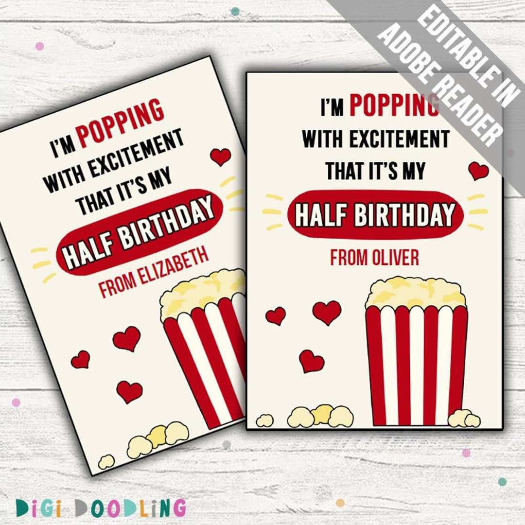 HALF Birthday Treat Tag Printable Template. Popcorn HALF Birthday Tag ...