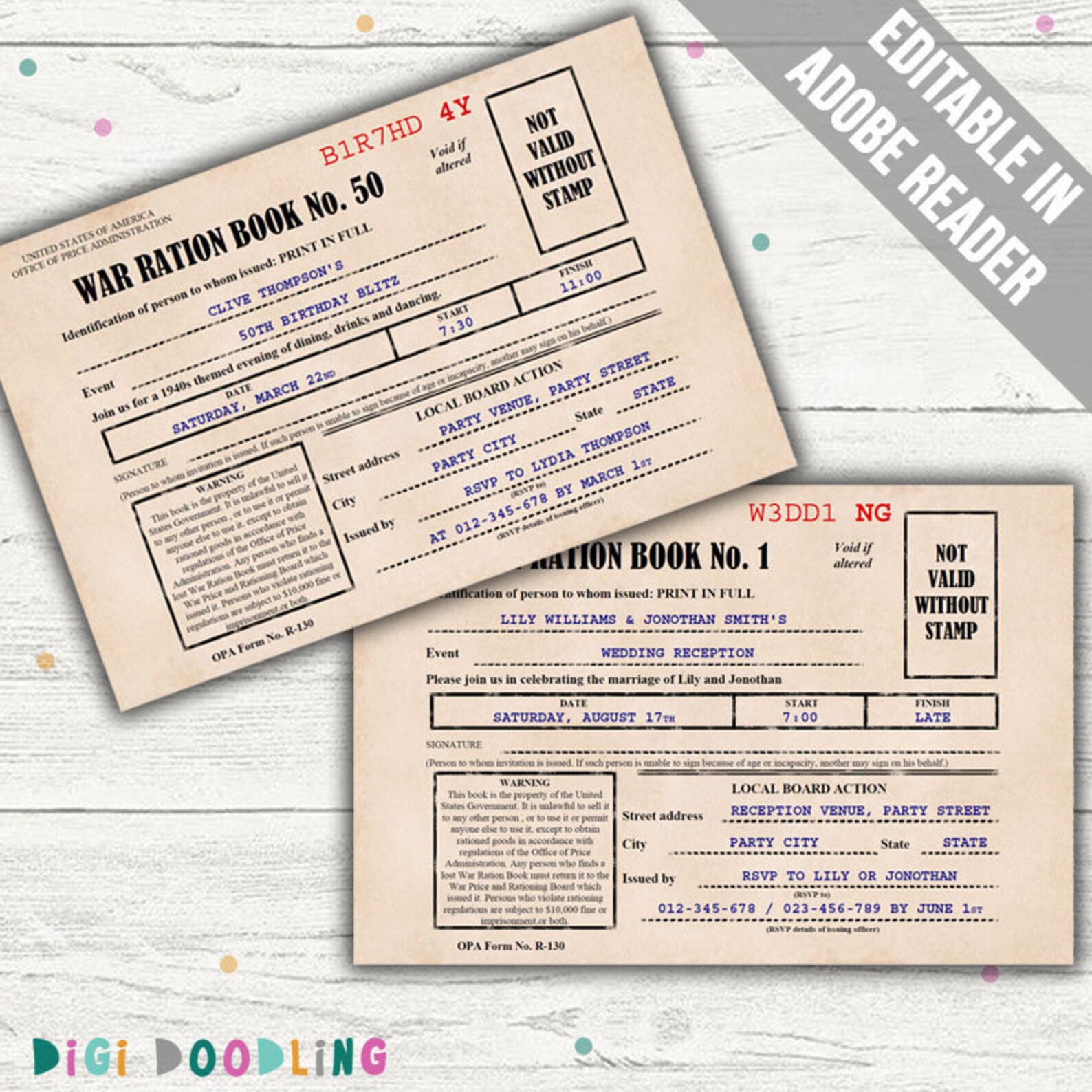 1940s Ration Book Invitation (american). Editable PDF. Printable ...