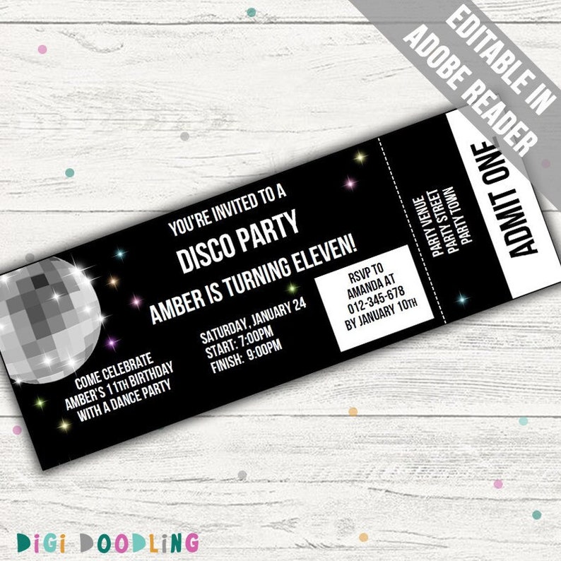 Disco Birthday Ticket Template: Dance Party Invitation Editable PDF - Etsy