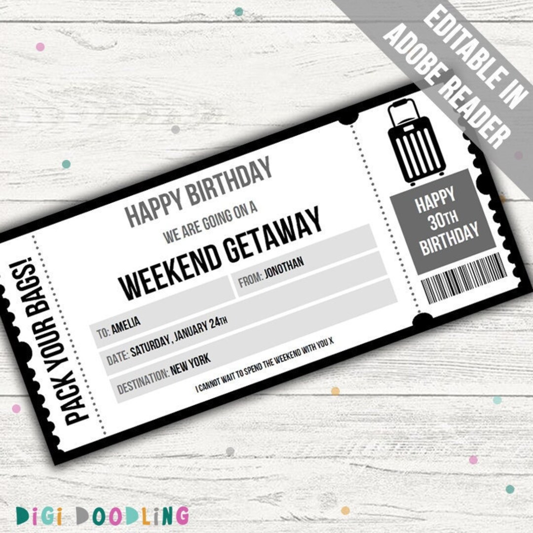 Surprise Weekend Getaway Ticket Template: Printable Vacation Gift ...