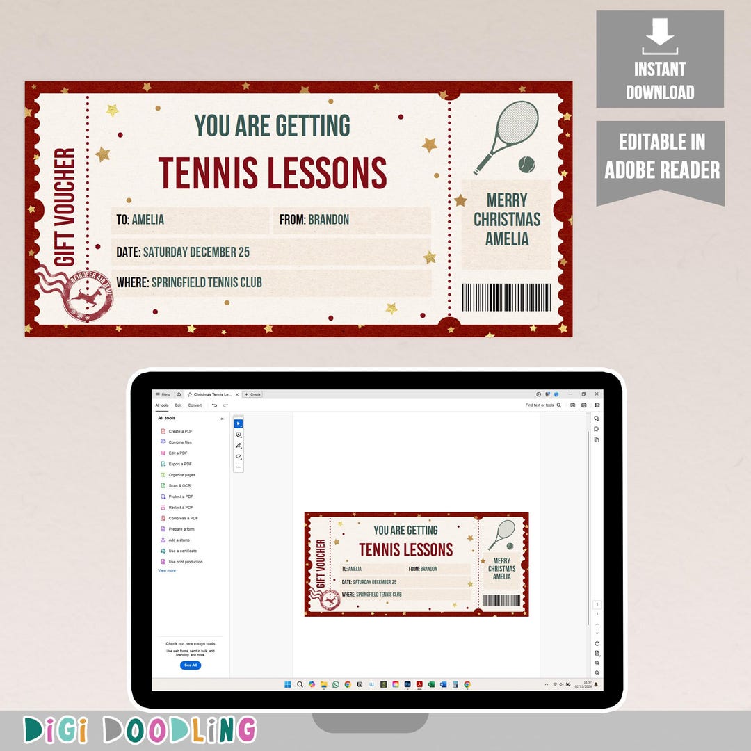 Printable Christmas Tennis Lessons Gift Voucher Template (digital ...