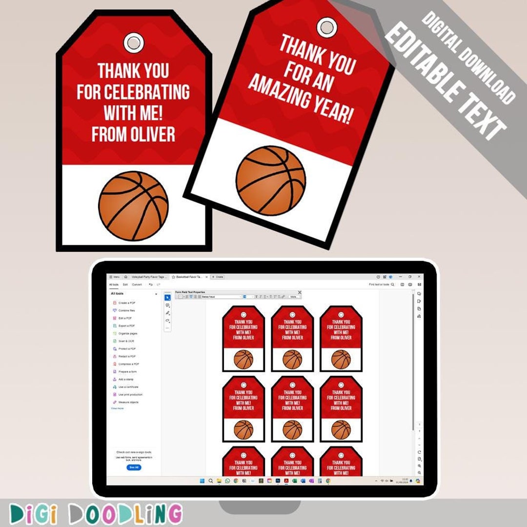 Printable Basketball Favor Tags (red): Editable Thank You Tags (digital ...