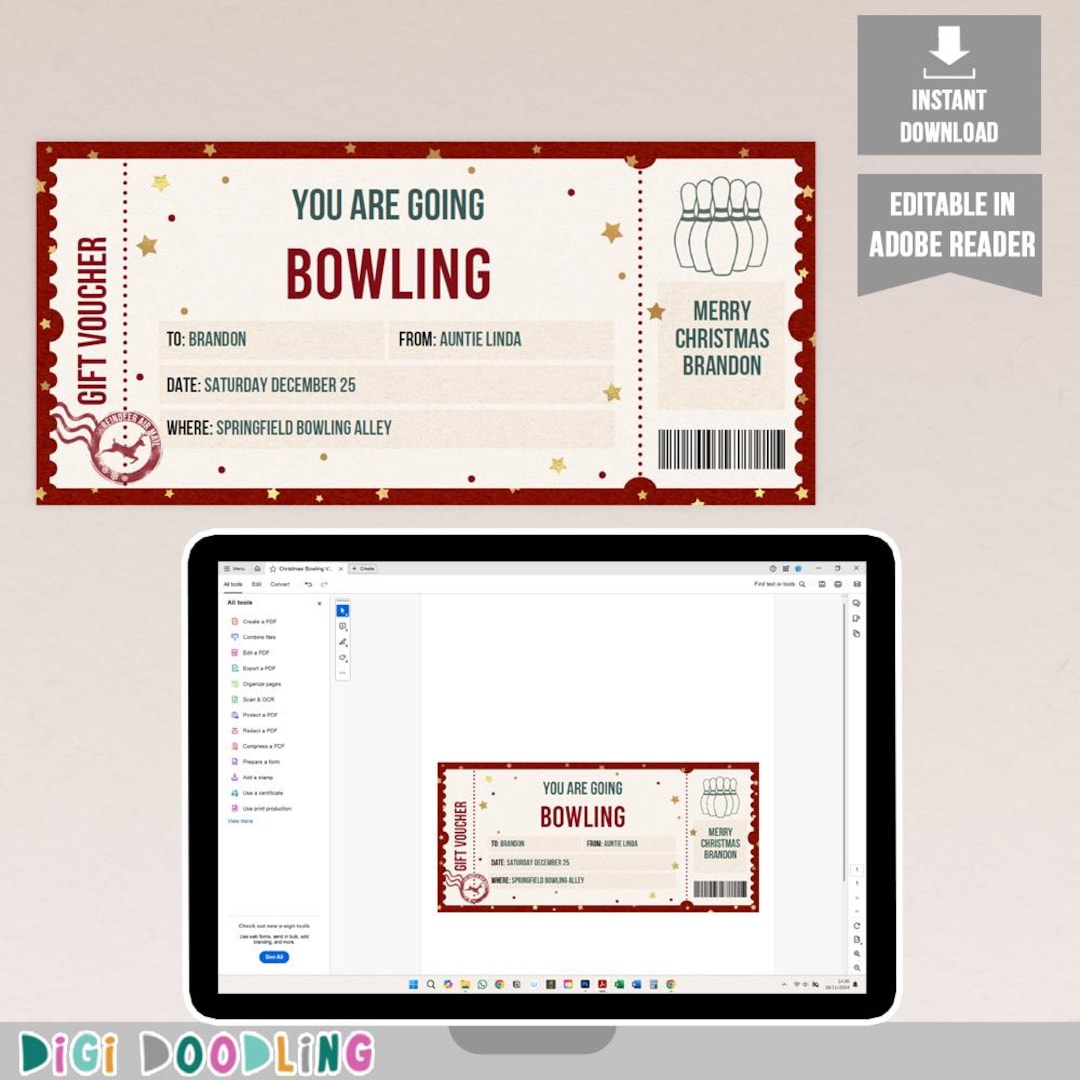 Christmas Bowling Gift Voucher Template, Printable Ticket (digital ...