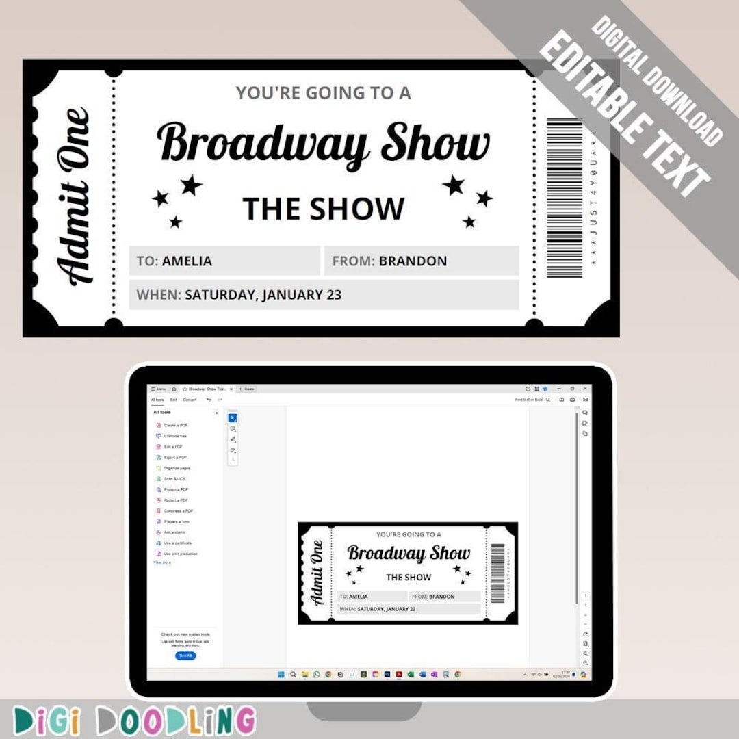 Broadway Show Ticket Template (ANY TEXT). Printable Broadway Ticket. Broadway Show Surprise Gift ...