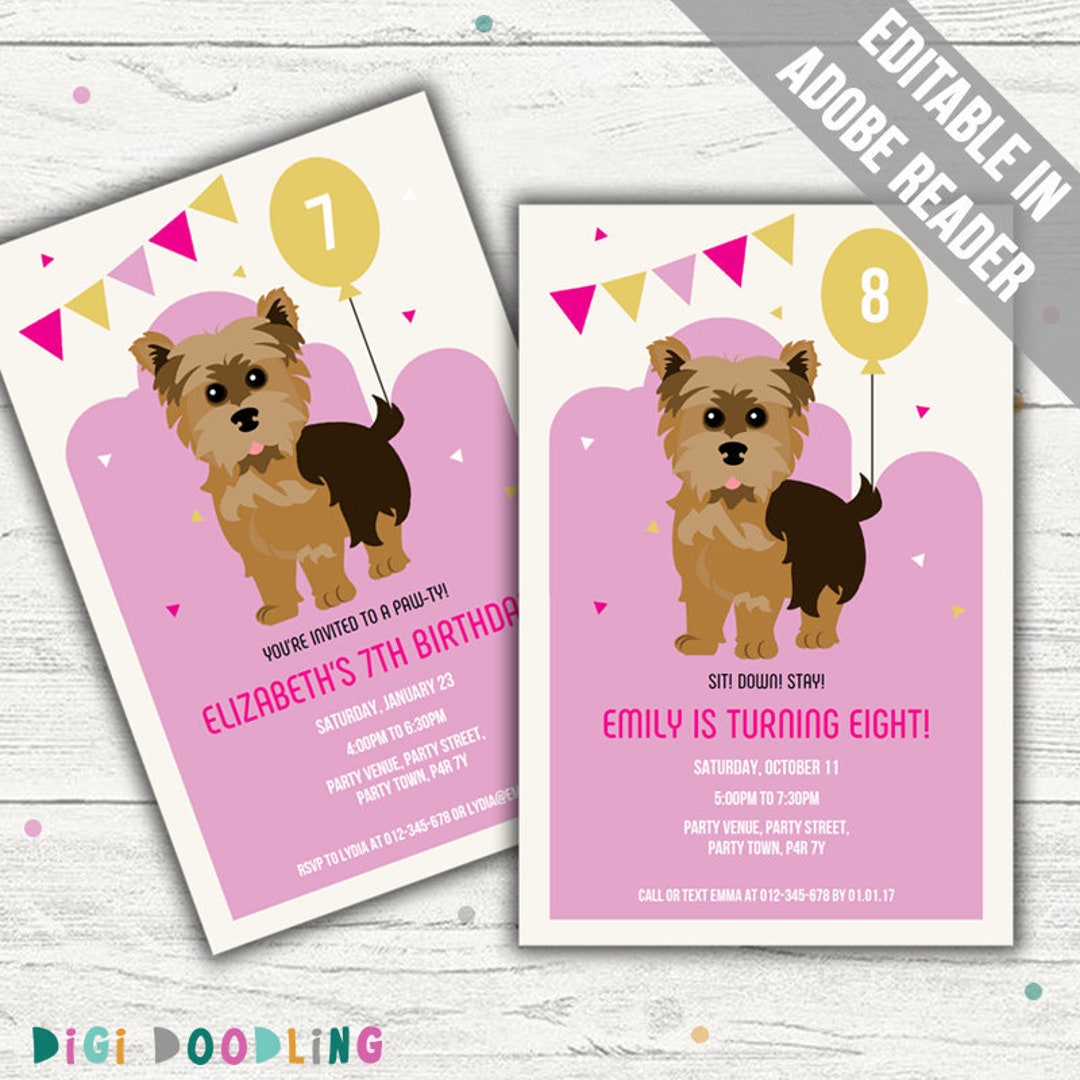 Yorkie Party Invitation (puppy Party Invitations). Pink. Editable PDF ...
