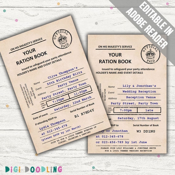 1940s Ration Book Invitation british. Editable PDF. | Etsy UK