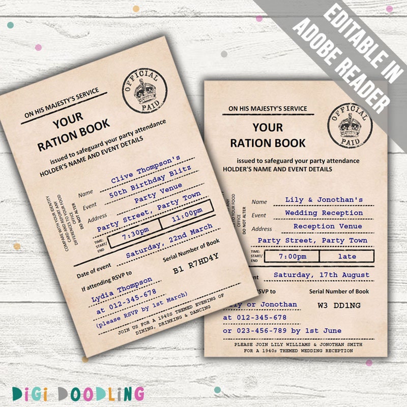 1940s Ration Book Invitation (british). Editable PDF. Printable ...
