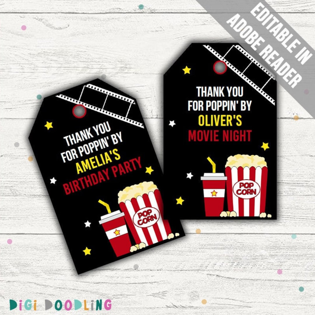 Movie Night Favor Tags Template. Movie Birthday Party Favor Tags. Movie ...