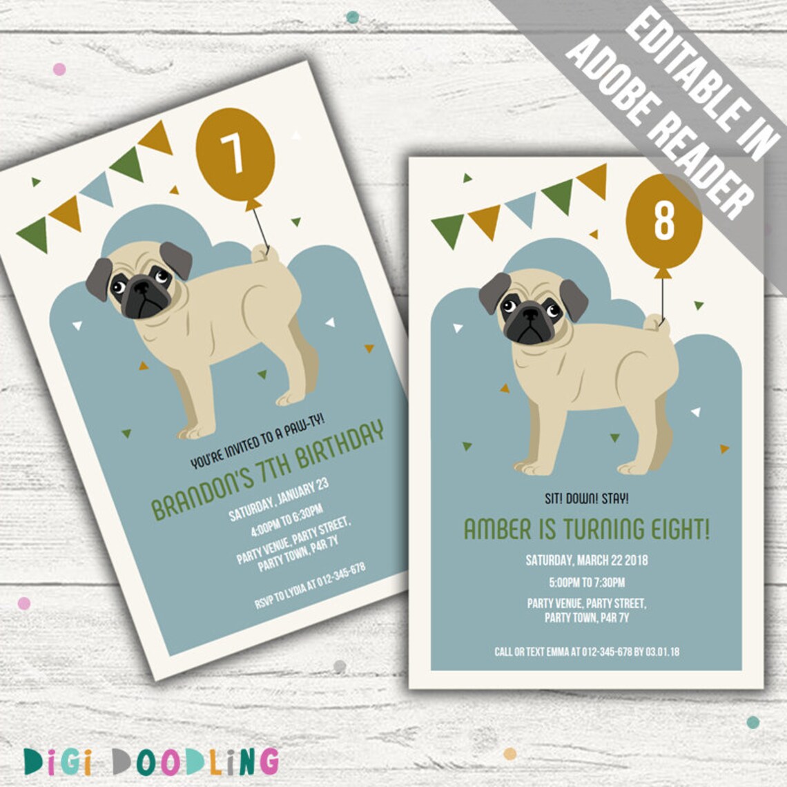 Pug Party Invitation pug Birthday Party Invitations. Blue. | Etsy