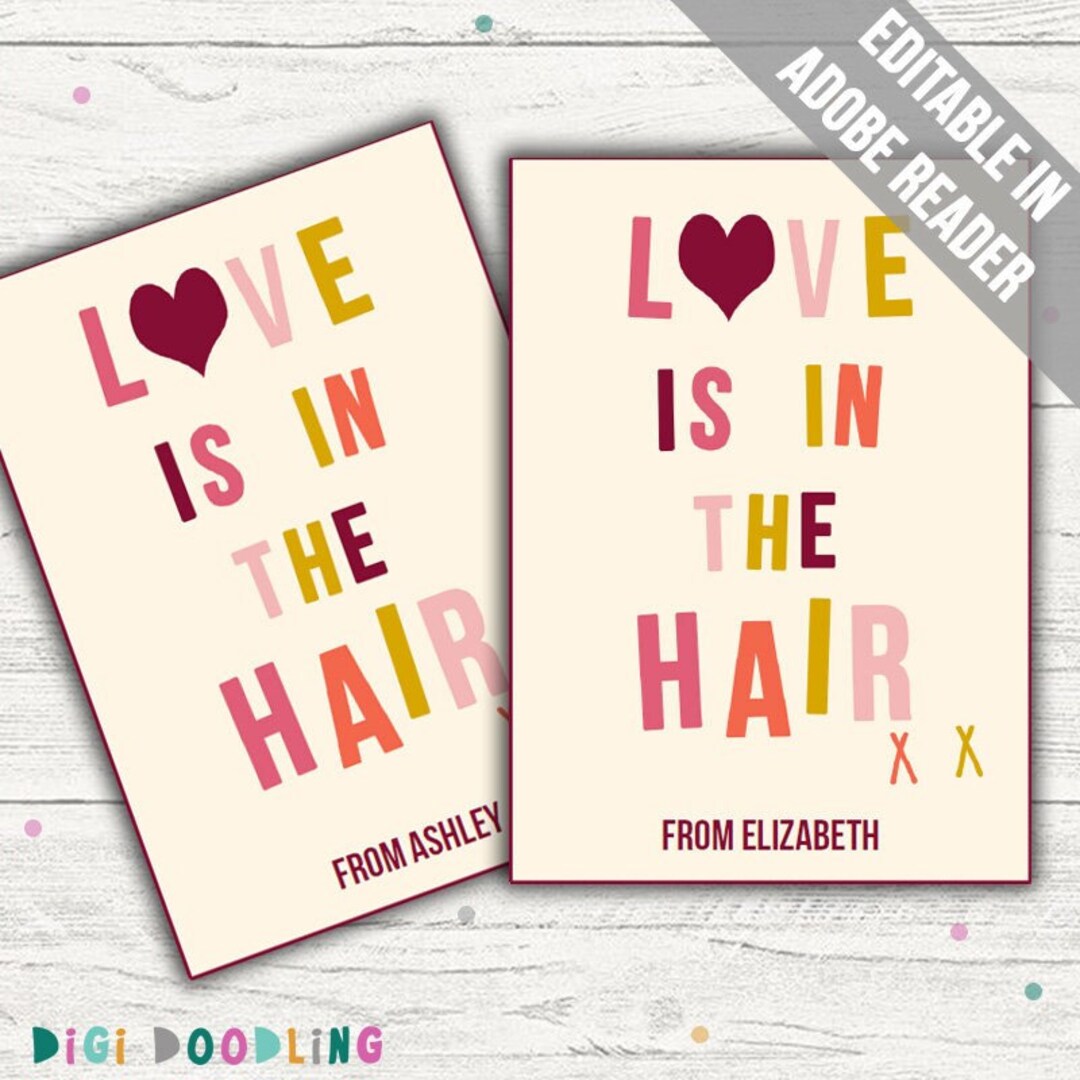 Love is in the Hair Valentine Tags. Printable Hair Tie Valentine Cards ...