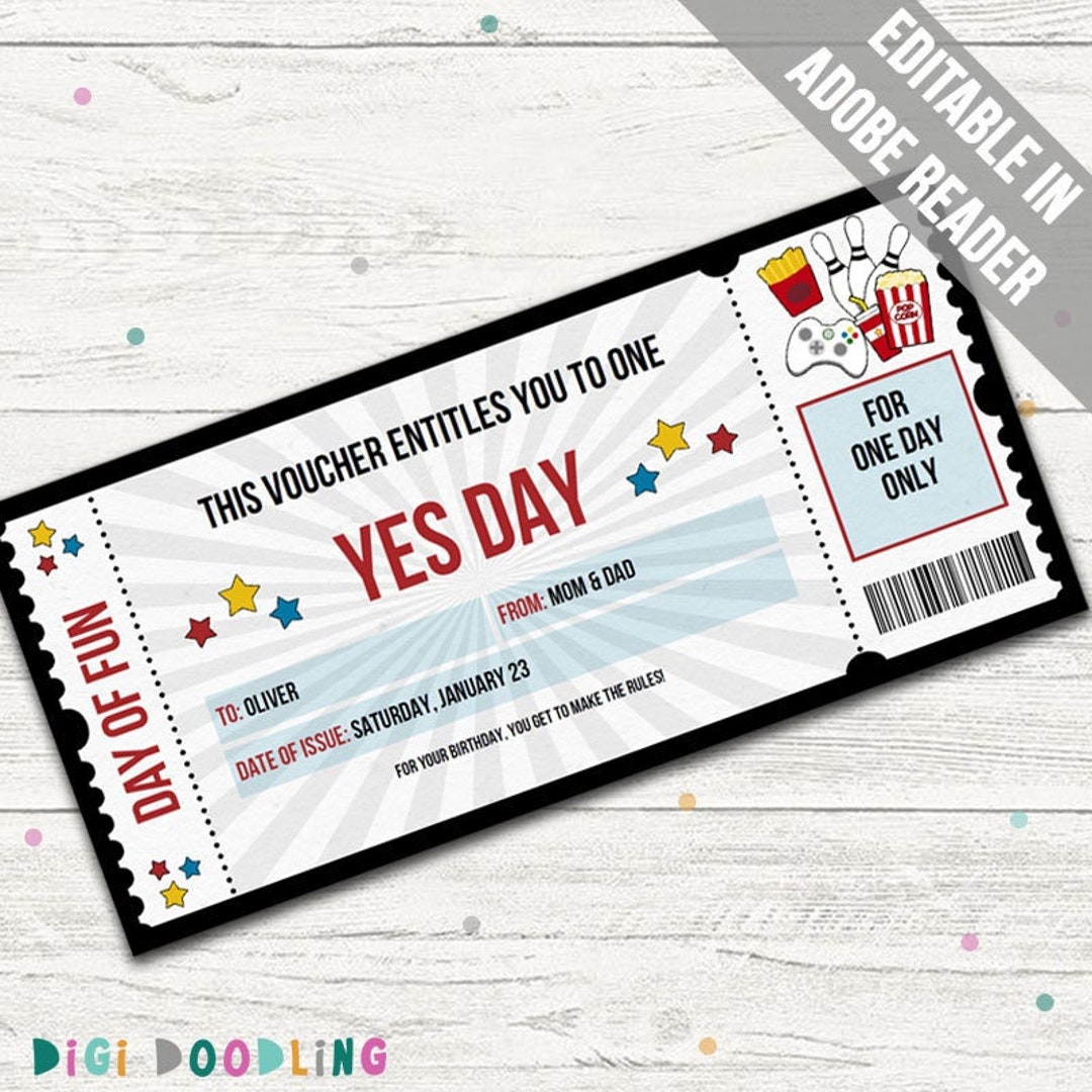 Yes Day Voucher Printable Yes Day Ticket Yes Day Gift Etsy UK