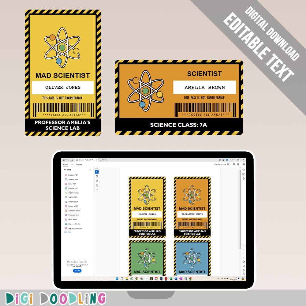 Science Party VIP Pass Template: Editable Scientist Name Tag (digital ...
