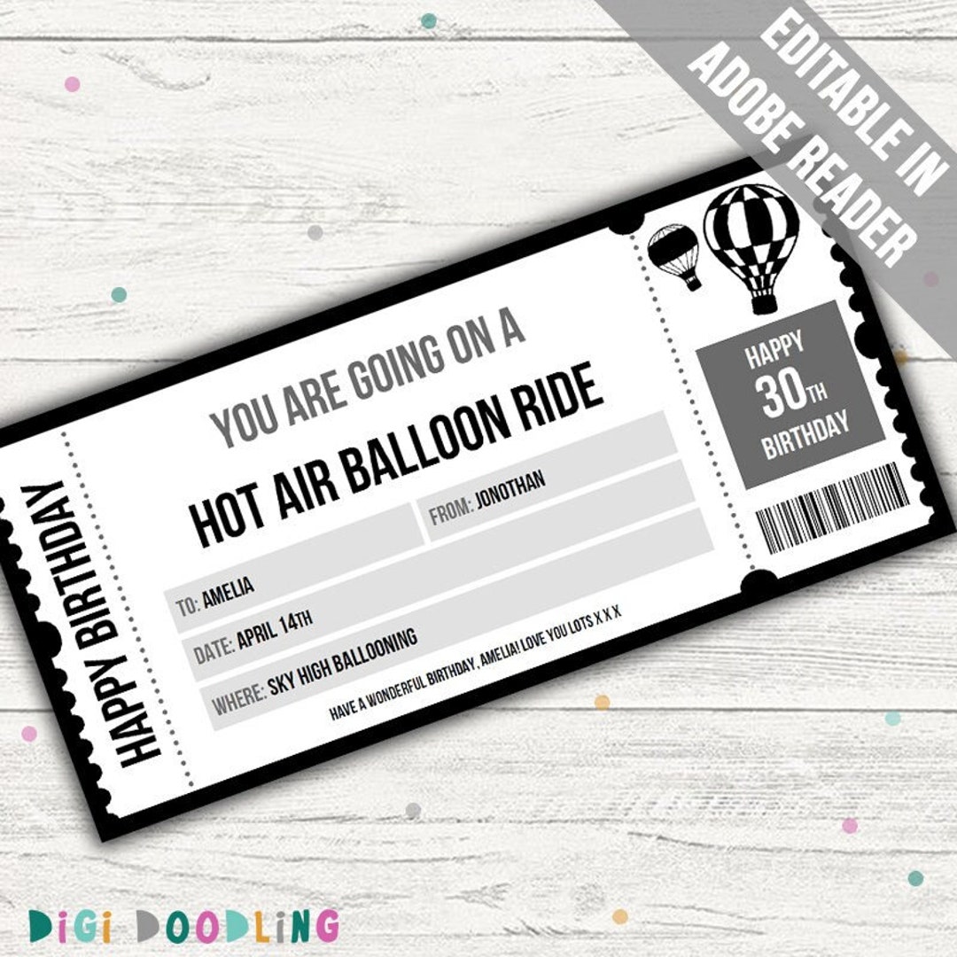 Hot Air Balloon Ticket. Surprise Hot Air Balloon Ride Voucher Template ...