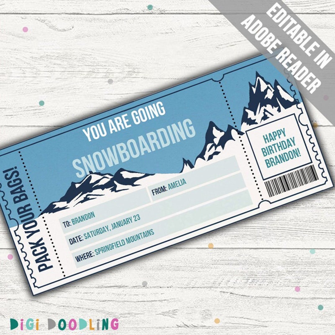 Printable Snowboarding Trip Ticket Template: Surprise Gift Reveal ...