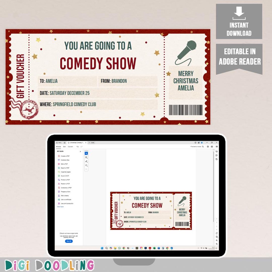 Printable Christmas Comedy Show Ticket Template, Surprise Reveal ...