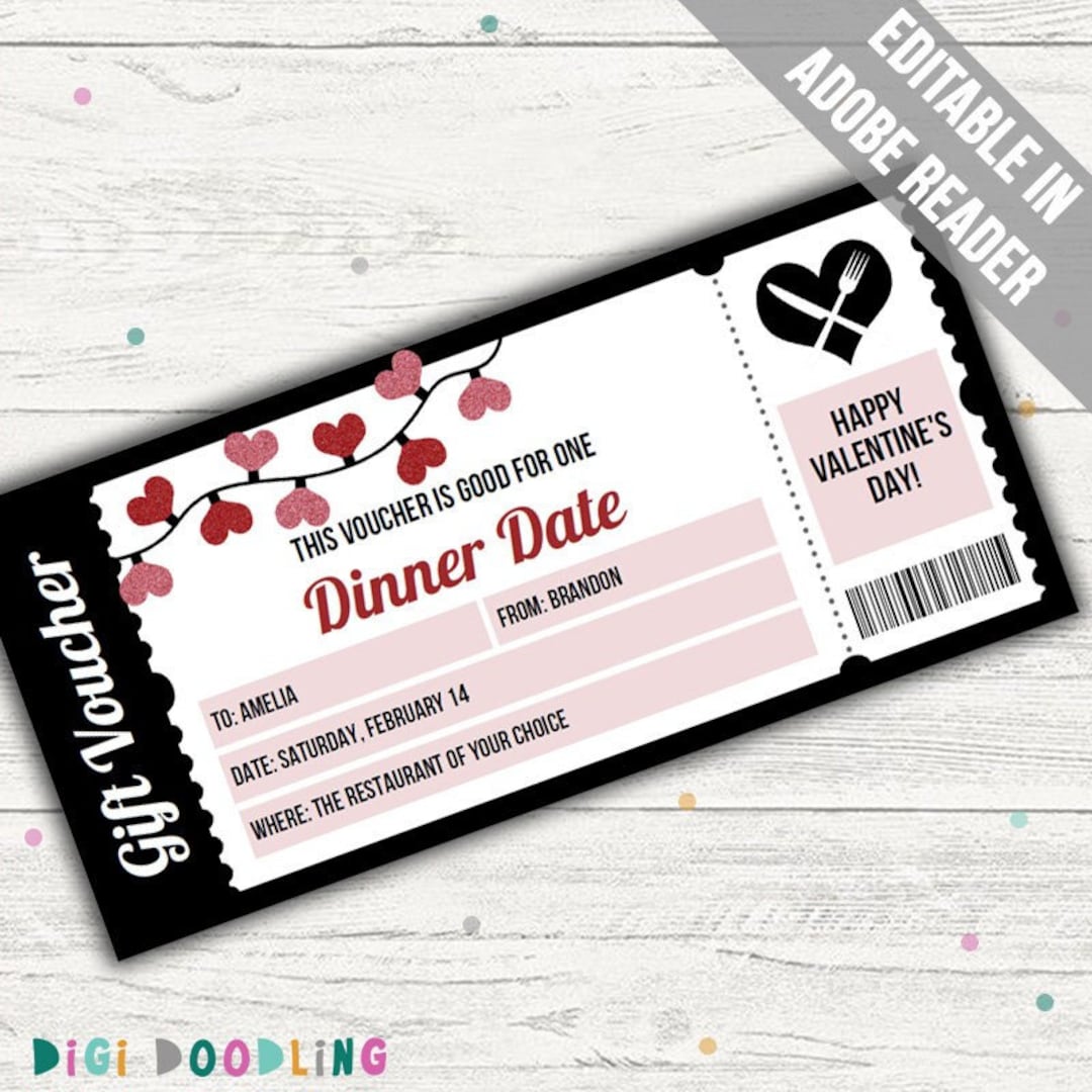 Valentines Day Dinner Ticket Invitation. Dinner Reservation Ticket ...