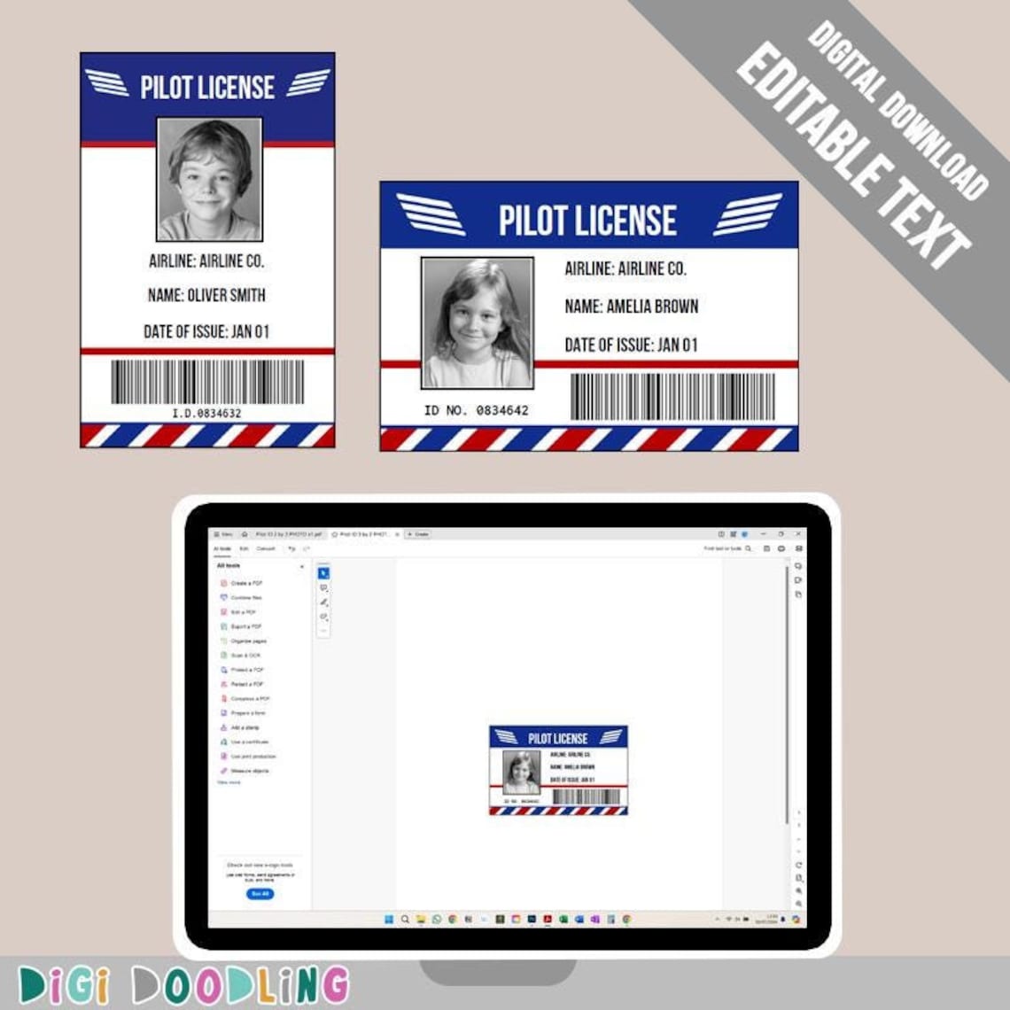 Printable Pilot License Template: Editable ID Badge (digital Download ...