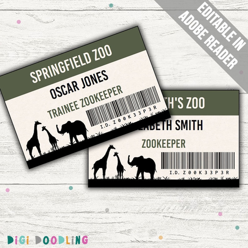 Zookeeper ID Badge Template: Printable Zoo Pretend Play. Editable PDF ...