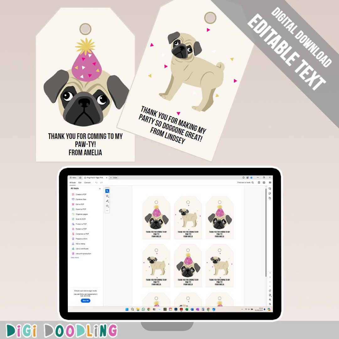 Printable Pug Party Favor Tags (pink). Pug Party Printables. Pug ...