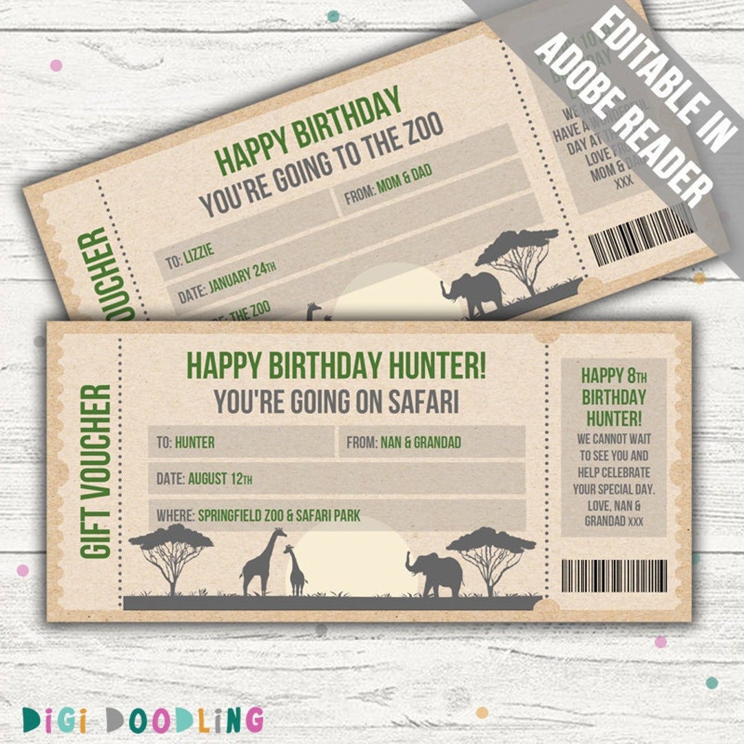 Surprise Zoo Safari Birthday Ticket: Printable Gift Voucher (editable ...