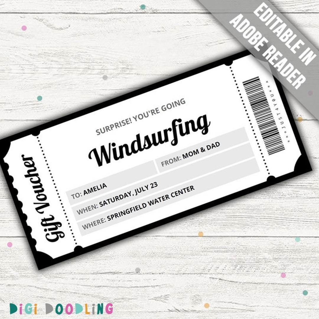 Windsurfing Gift Voucher Template: Printable Surprise Ticket (editable ...