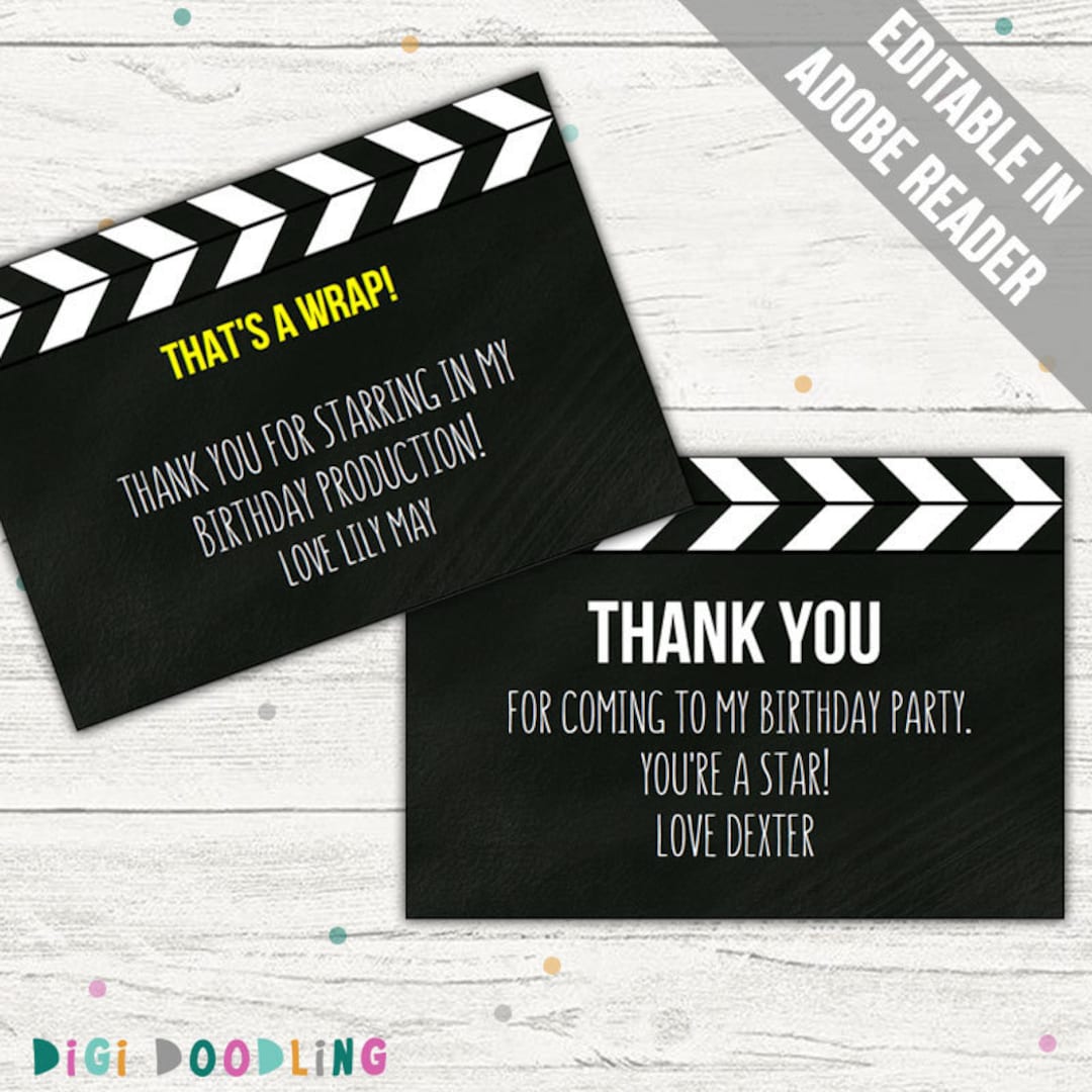 Movie Thank You Notes (movie Party Thank You Card). Editable PDF ...