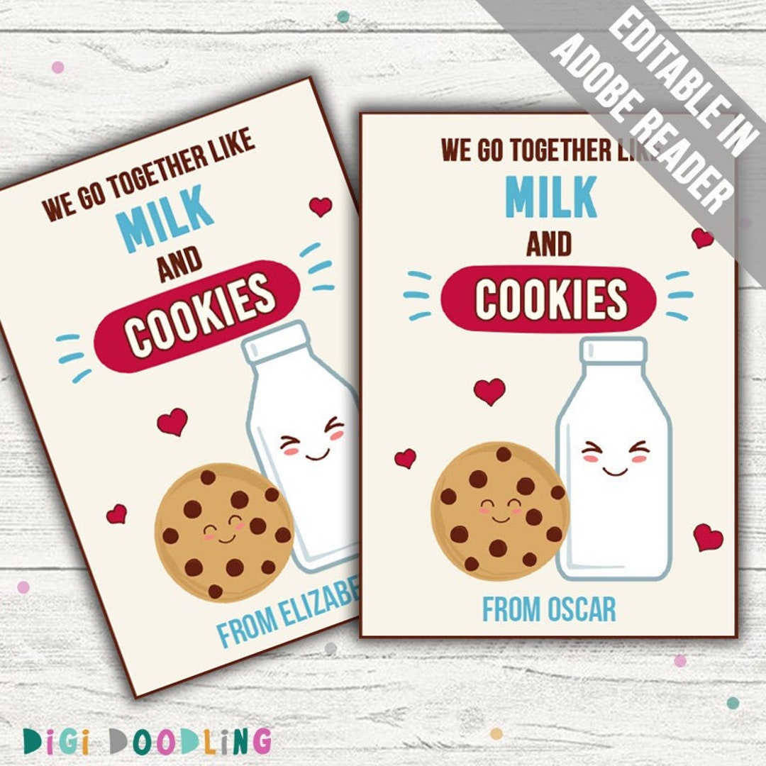 Milk and Cookies Valentine Card for Classmates. Cookies Valentines Tag ...