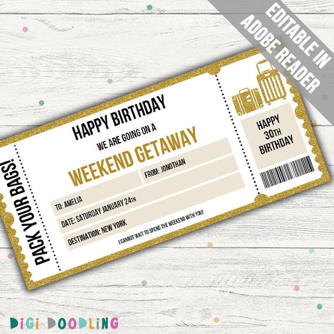 Weekend Getaway Ticket Template (GOLD). Surprise Weekend Away. Weekend ...