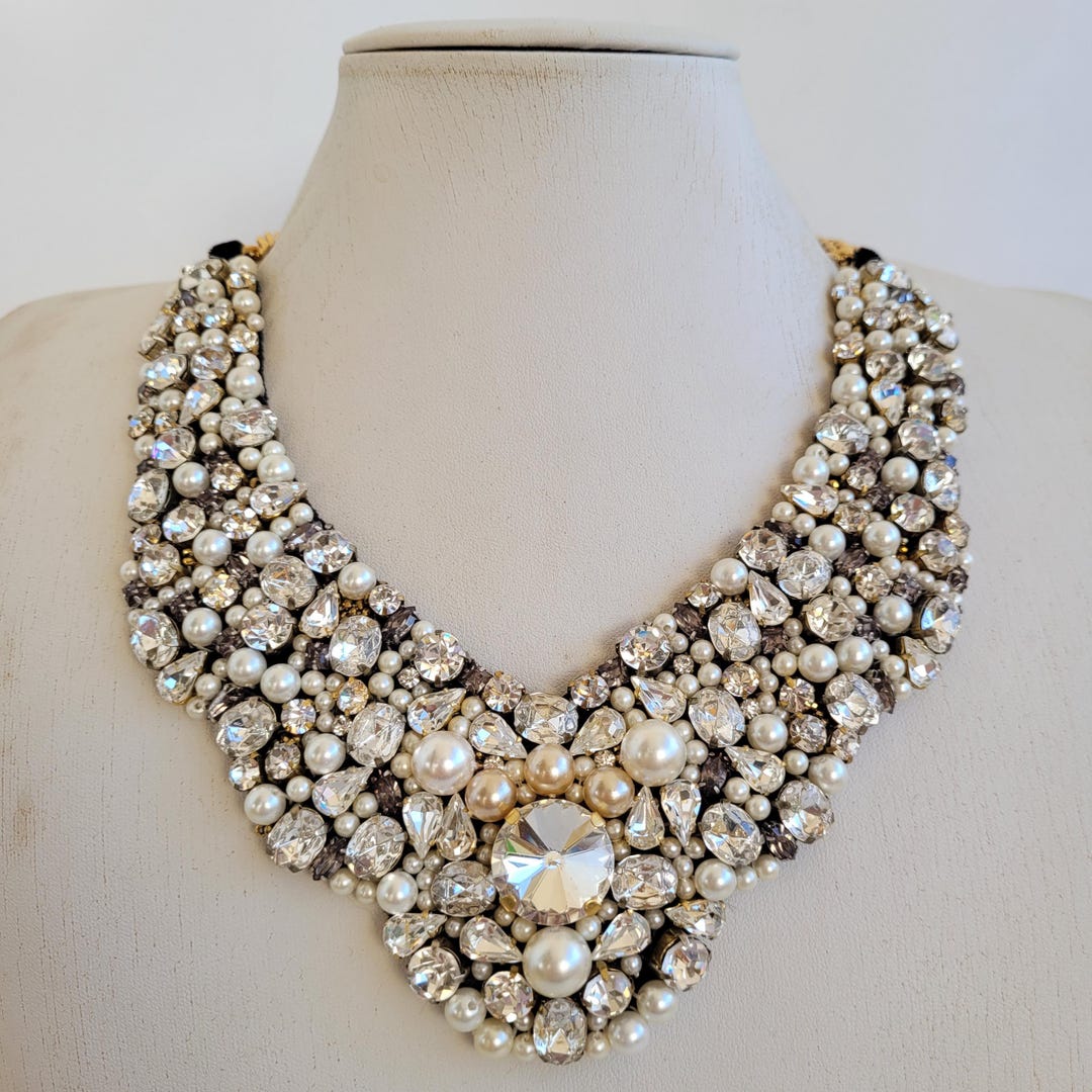 Handmade Pearl Ang Crystal Rhinestone Statement Necklace: Swarovski ...