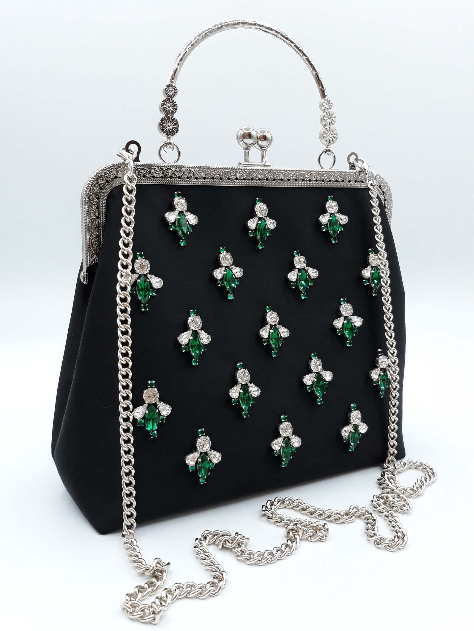 Jeweled Kiss-lock Handbag, Frame Bag Cross Body Bag With Rhinestone ...