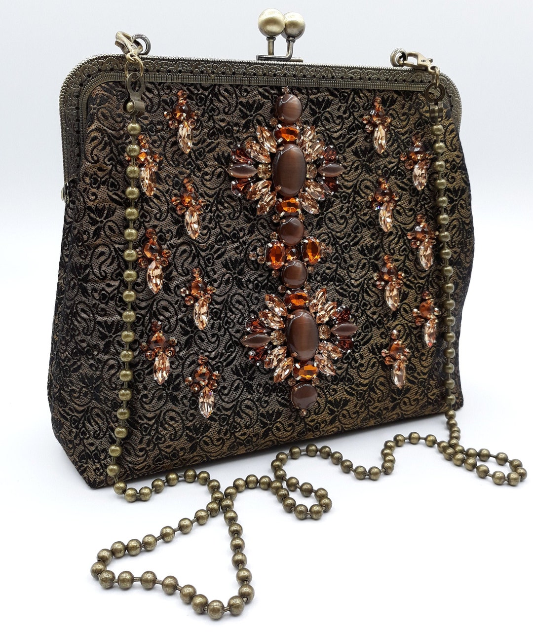 Jeweled Kiss-lock , Frame Bag, Cross Body Bag With Rhinestone Hand ...