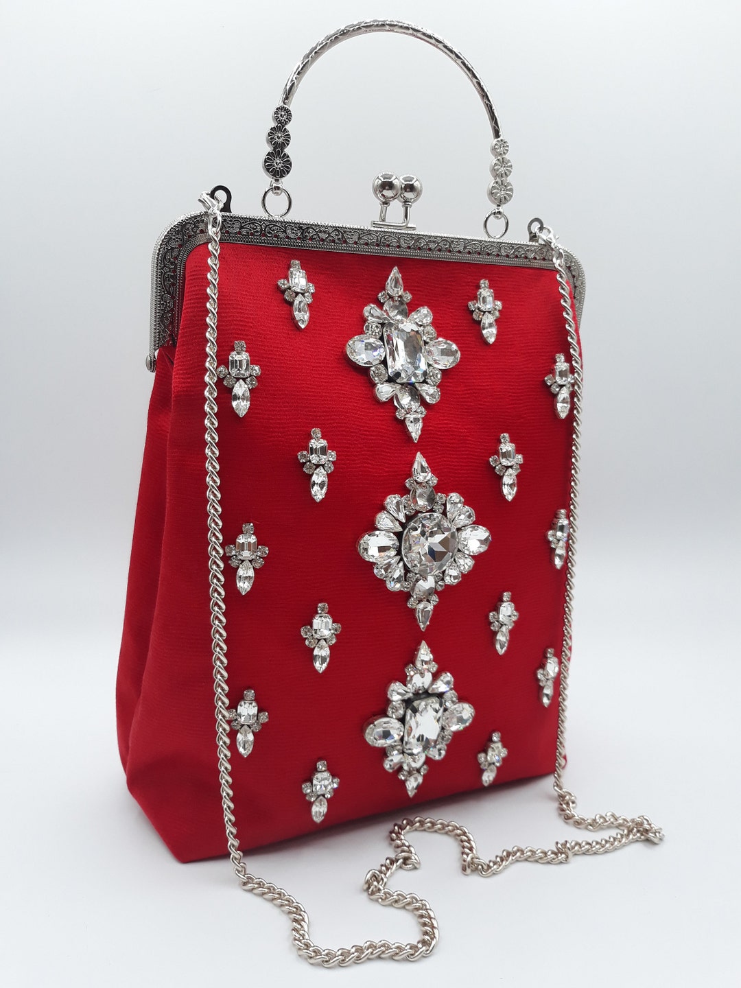 Handmade Jeweled Kiss-lock Frame Bag: Italian Silk Satin Crossbody IV20 ...