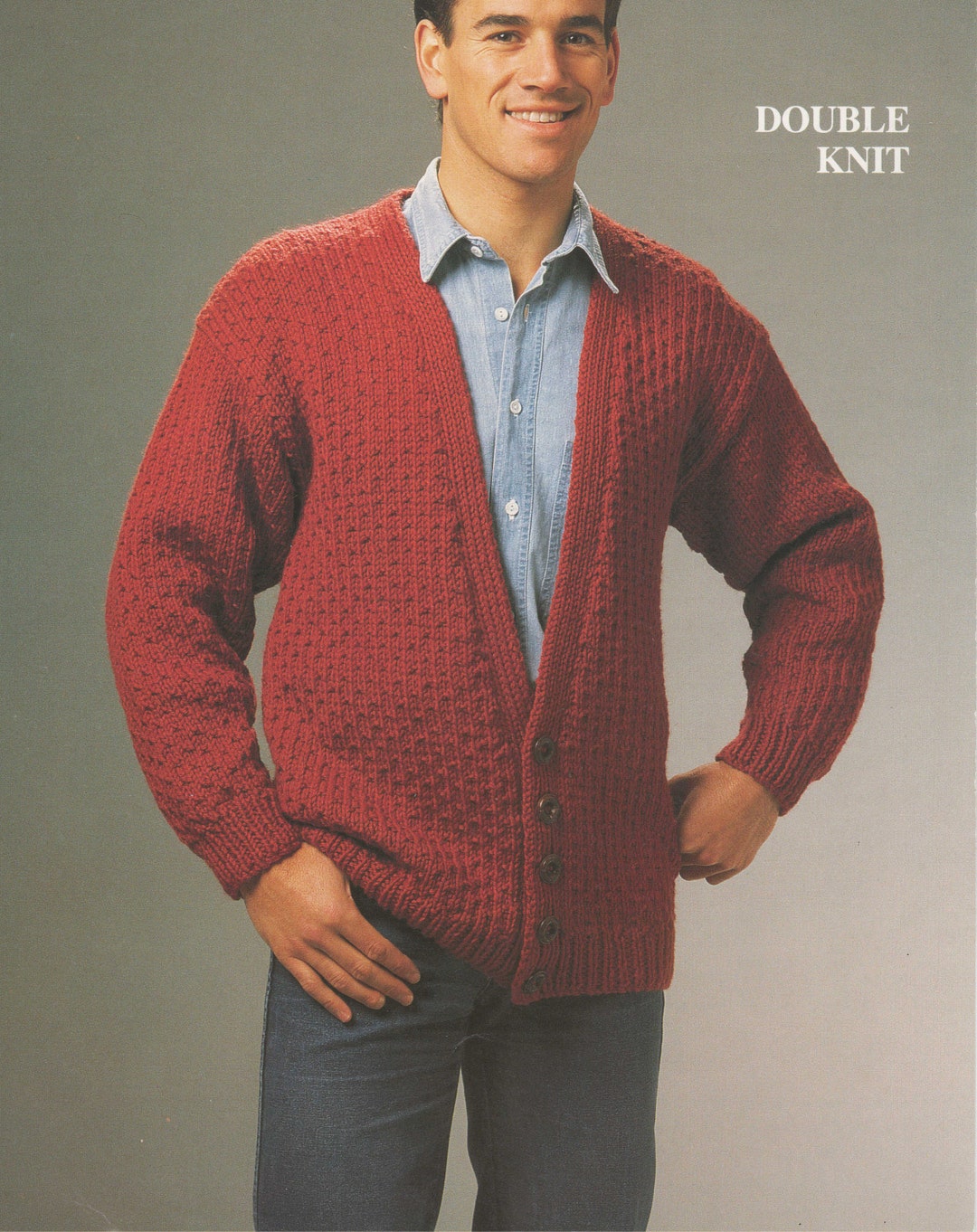 Man's Easy Knit Cardigan V Neck- Drop Sleeves- Knitted in DK 8ply Light ...