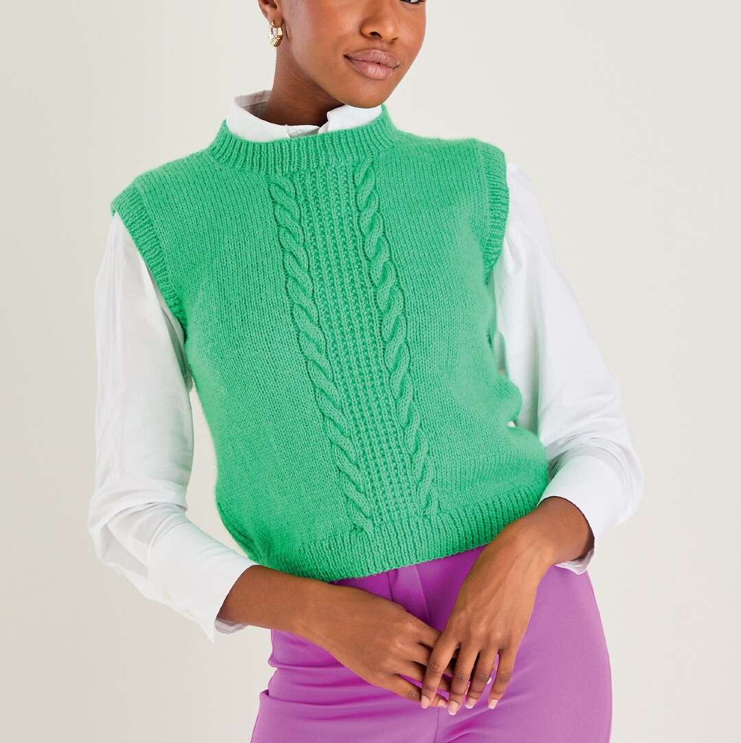 Womens Easy Beginner Round Neck Cable Sleeveless Slipover Sweater Vest ...