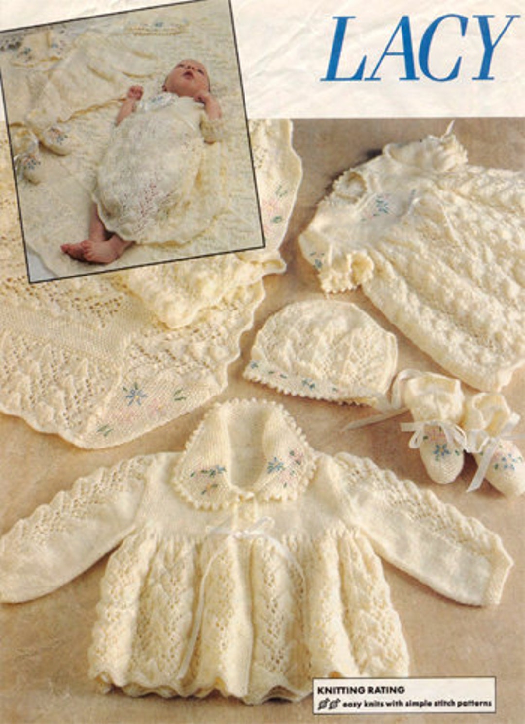 Baby 4ply Layette Knitting Pattern- Dress~shawl~jacket~bonnet & Bootees ...