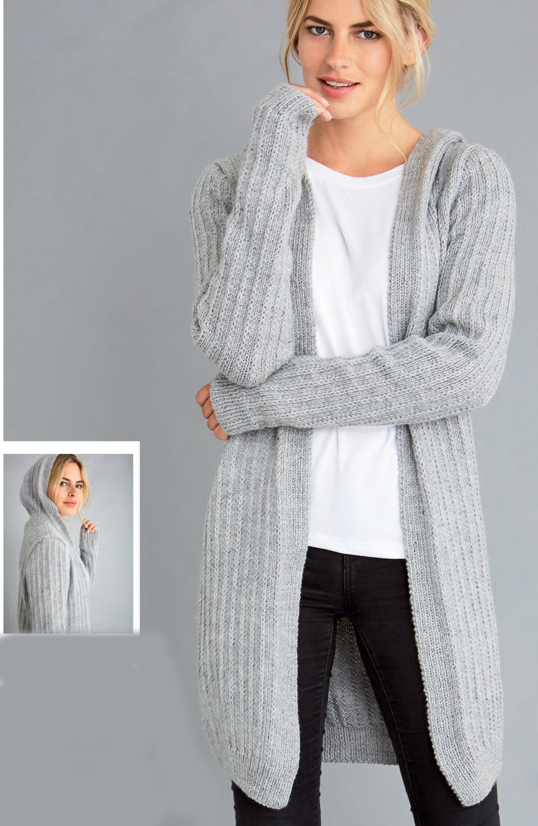 Woman's Easy Hooded Rib Longline Cardigan Jacket 32"- 50" Larger Sizes ...