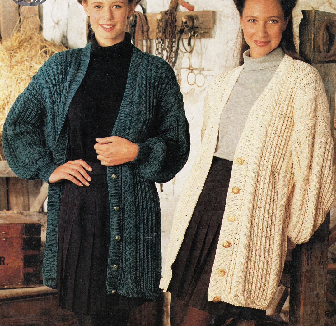 Womans Long Line Cable Rib V Neck Cardigan- Drop Sleeves Knitting ...