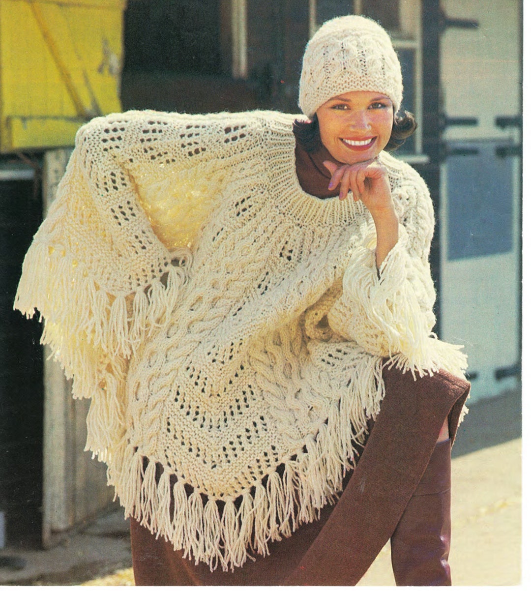 Womans Cable Fringed Chunky- Bulky 14 Ply Poncho & Hat Fits One Size ...