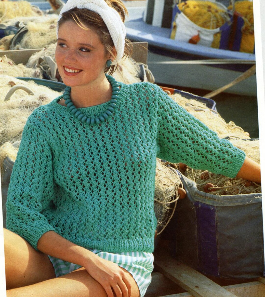 Womans Lacy Sweater Knitting Pattern Aran 10 Ply Wool- Round Neck 3/4 ...