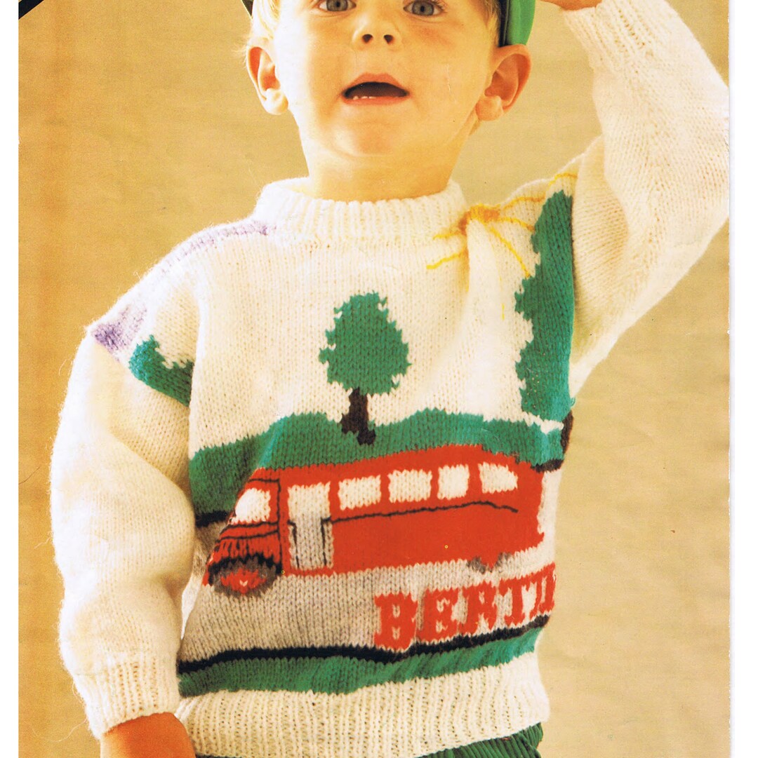 Knitting Pattern- Boys - Bertie the Bus Crew Neck Sweater- Jumper- DK -8 Ply- Fits 22 30" Chest ...