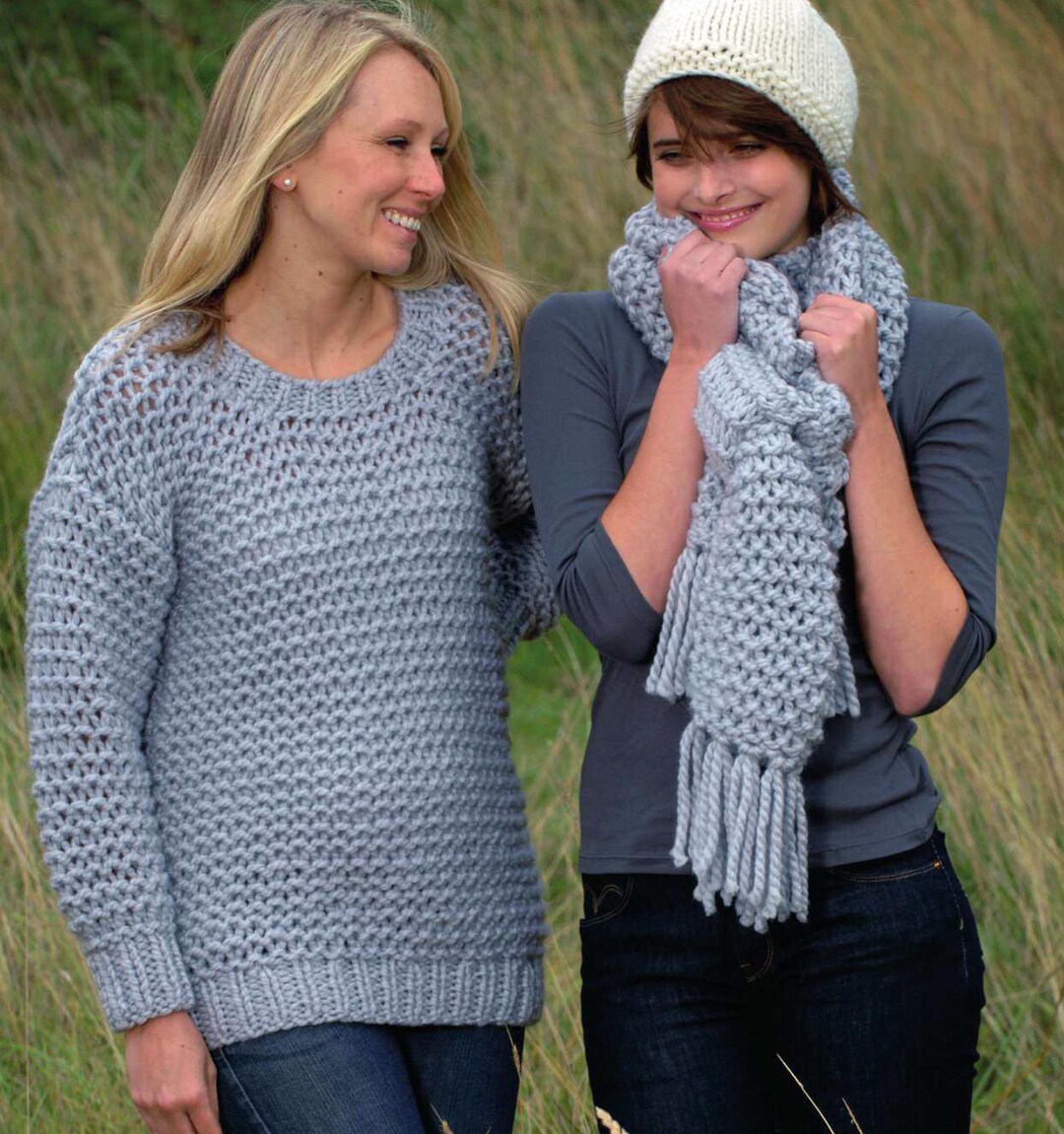 Woman's Easy Garter Stitch Sweater-round Neck -matching Hat & Scarf ...