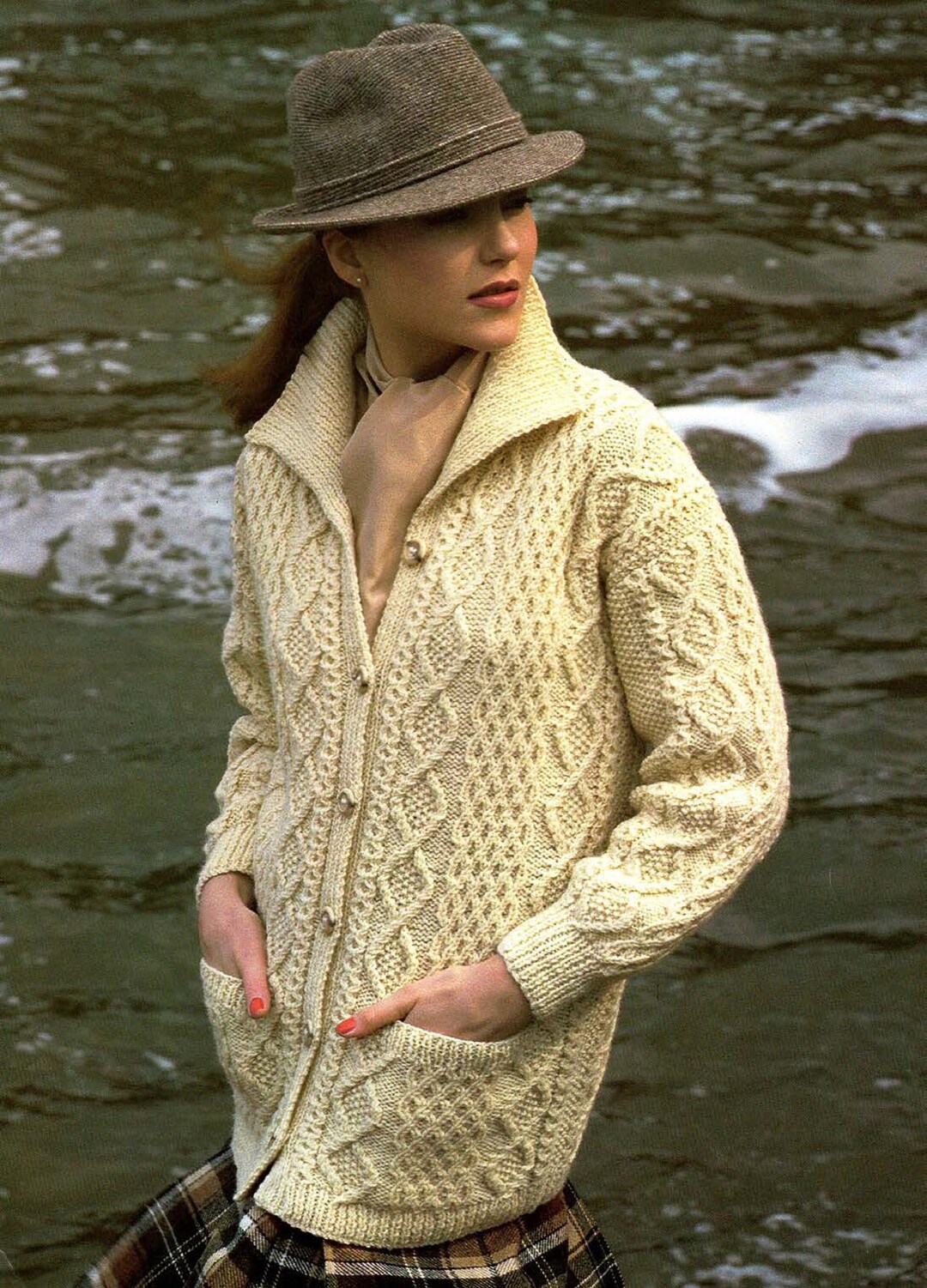 Ladies Long Line Aran Collared Cable Jacket-pockets- Aran Wool - Fits ...